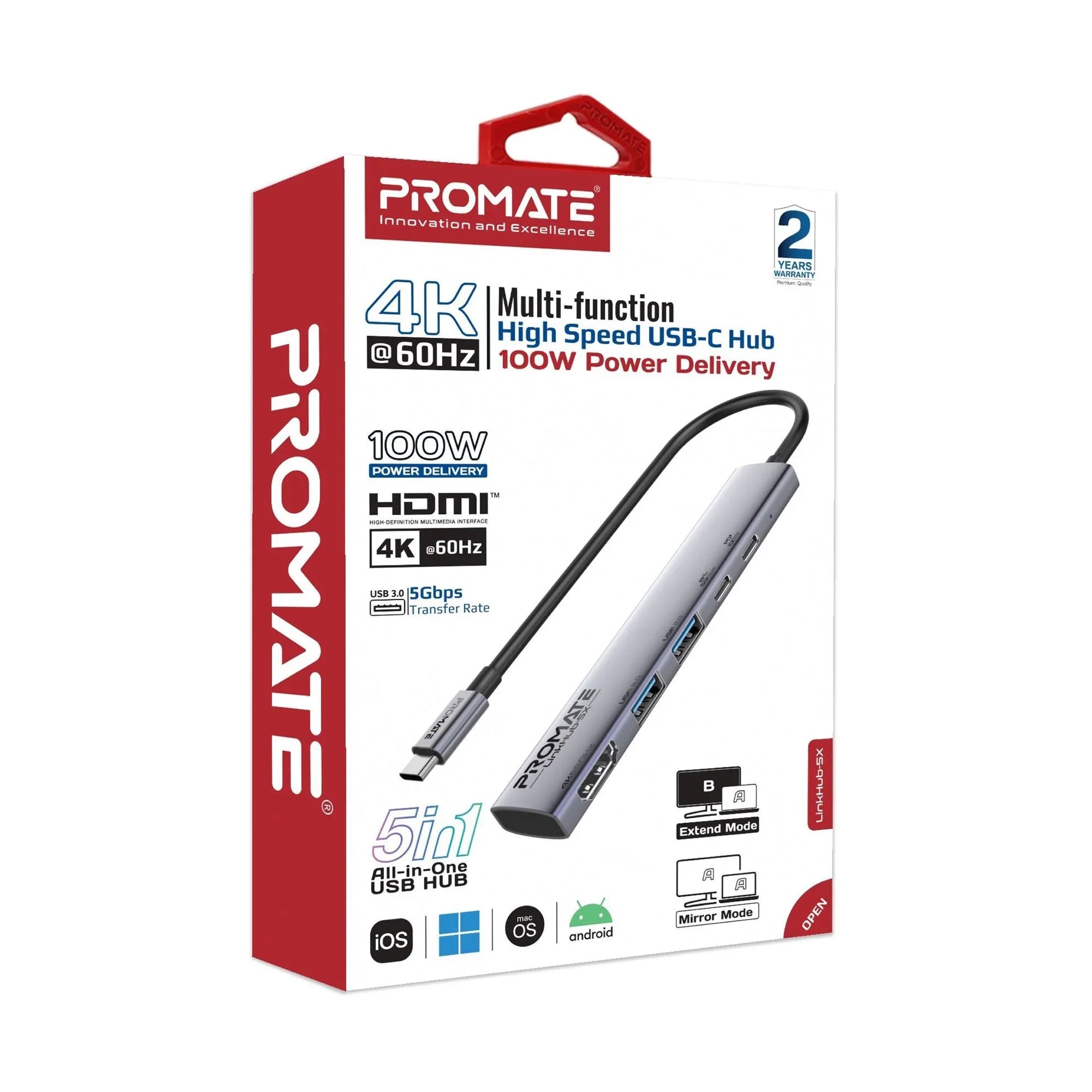 PROMATE 5-in-1 Multi-Port 100W PD Compact Hub with USB-C Connector. In ...