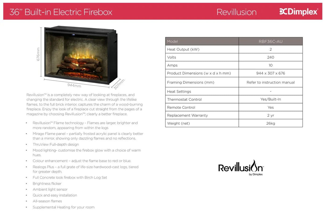 Dimplex Revillusion 36" Electric Firebox Fireplace RBF36C-AU — LX2001 ...