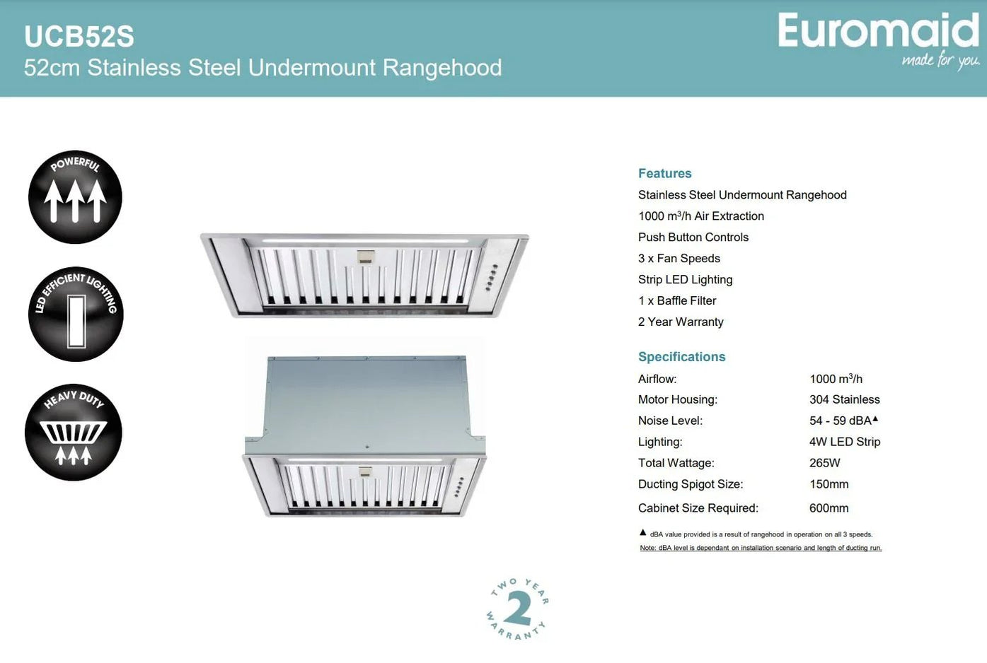 Euromaid 52cm Undermount Rangehood, Stainless Steel — LX2001 ...