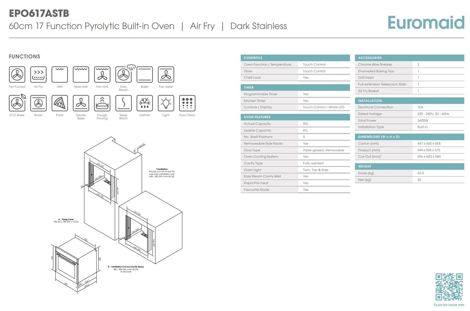 Euromaid 60cm 17 Function Built-in Oven with Pyro and Air Fry, Dark St ...
