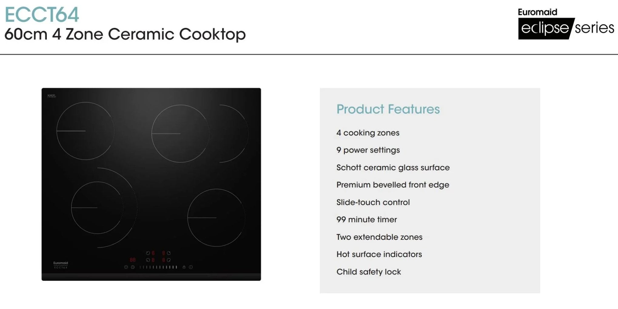 Euromaid 60cm Ceramic Cooktop with 4 Zones and Slide Touch Control Bla ...
