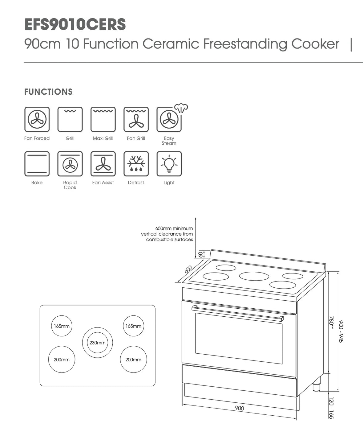 Euromaid 90cm Freestanding Oven with Ceramic Cooktop - Stainless Steel ...