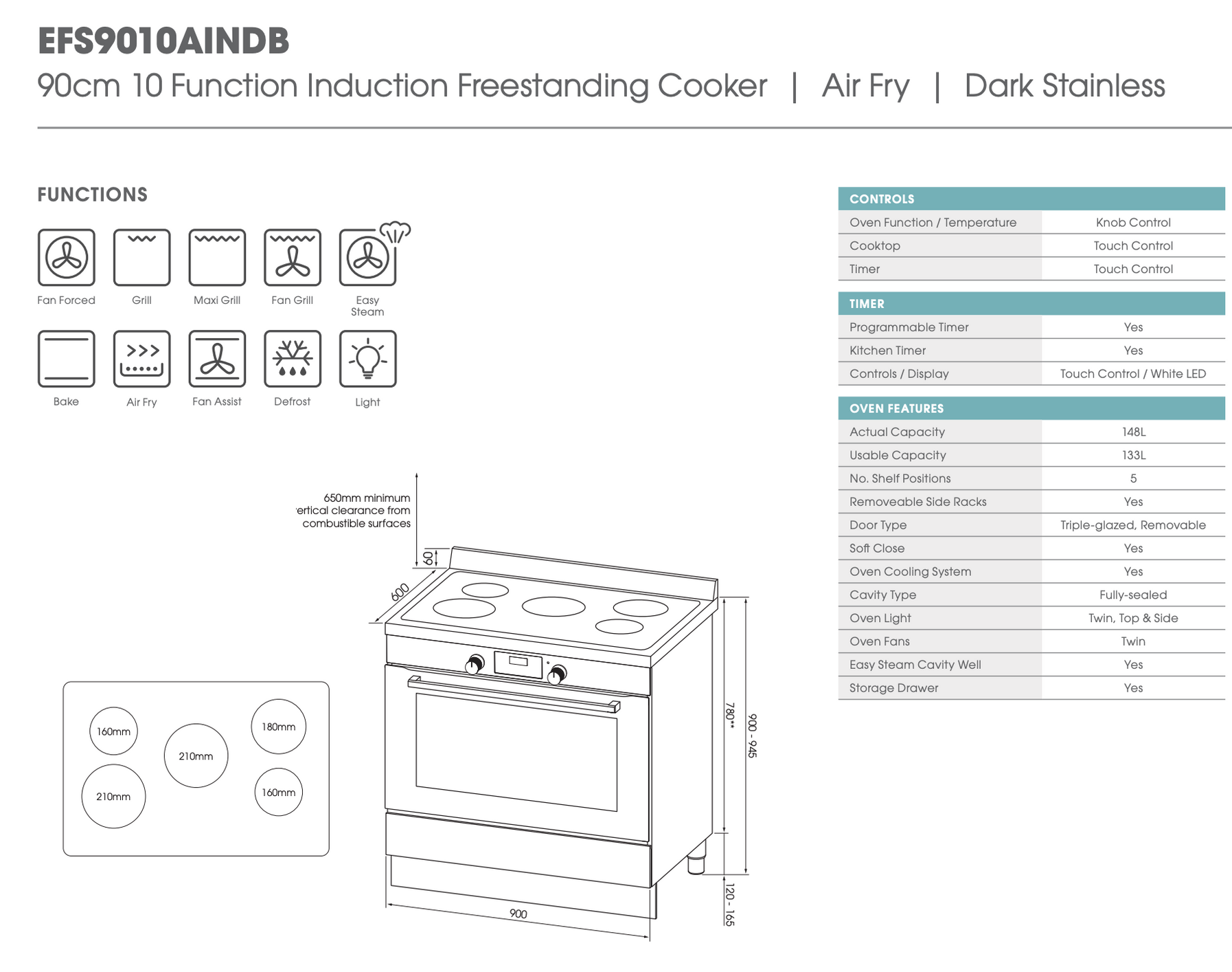 Euromaid 90cm Freestanding with Induction Cooktop - Dark Stainless Ste ...