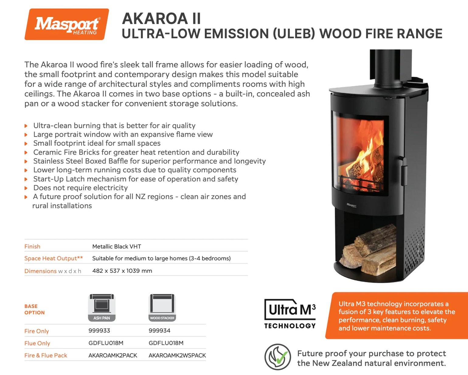 Masport Akaroa Mk II Wood Fire Fireplace Wood Stacker w/ Flue Kit Pack ...