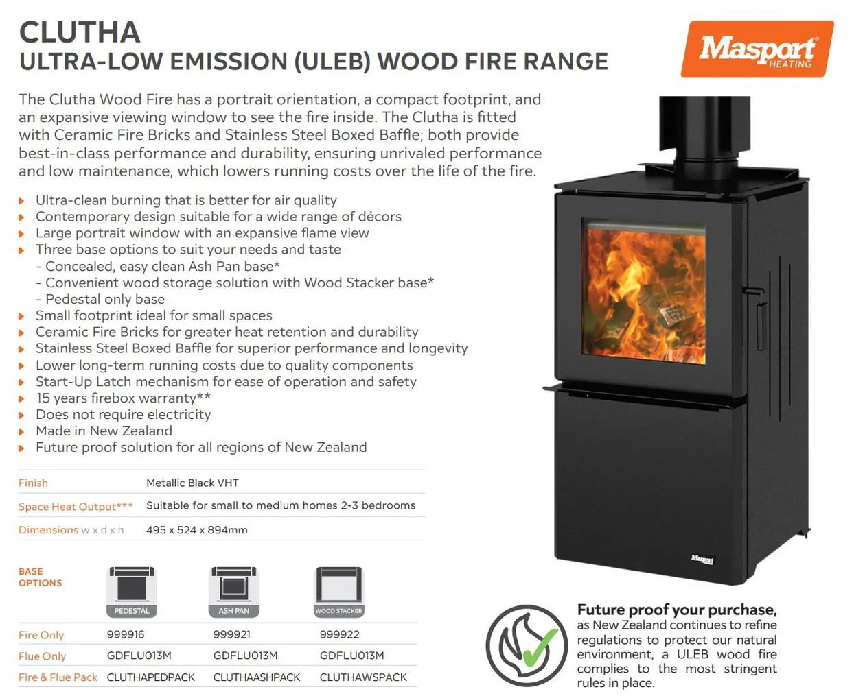 Masport Clutha Fireplace Freestanding Ultra-Low Emissions Wood Fire Pe ...