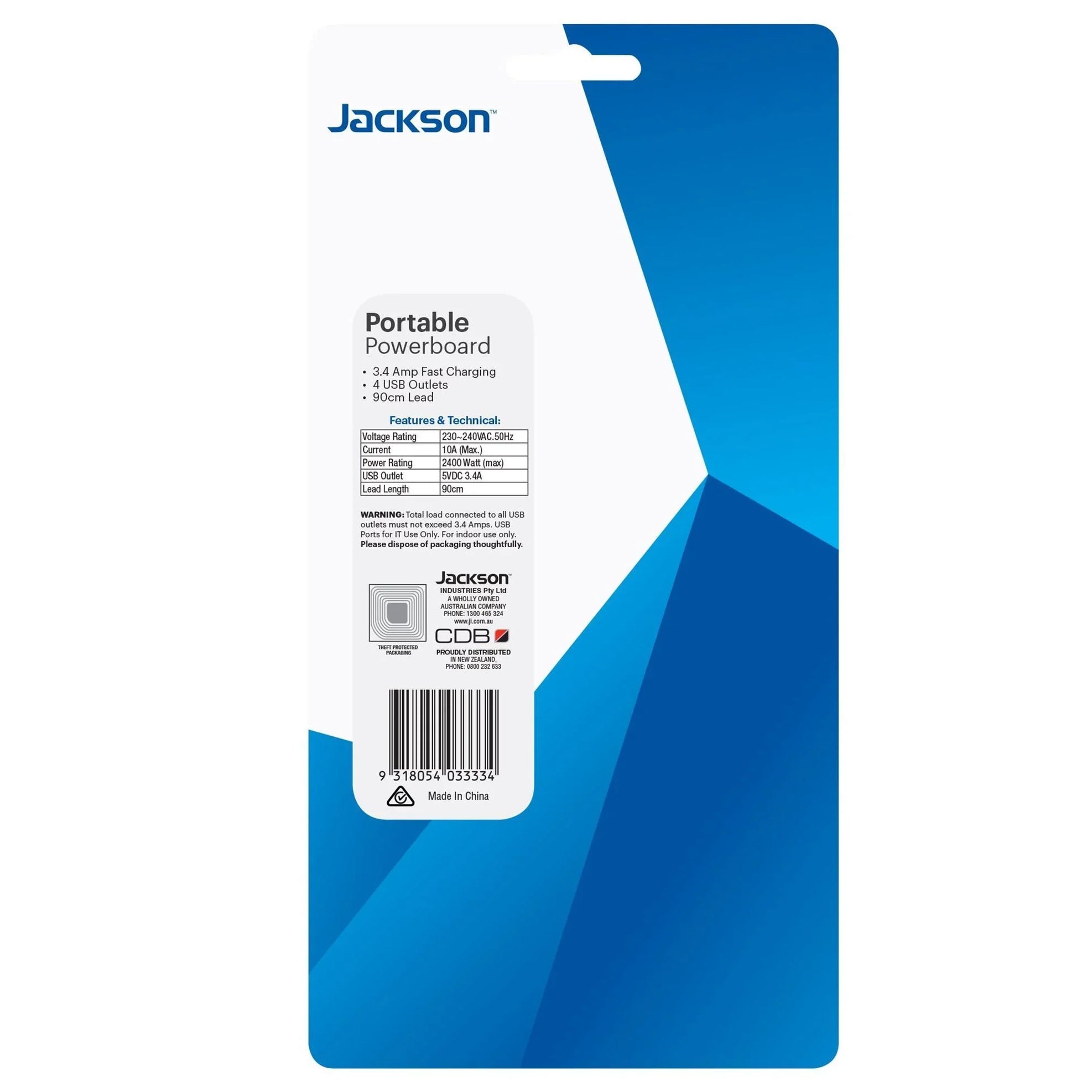 JACKSON 1x Outlet Power board with 4x USB Charging Outlets. 3.4A. 0.9m ...