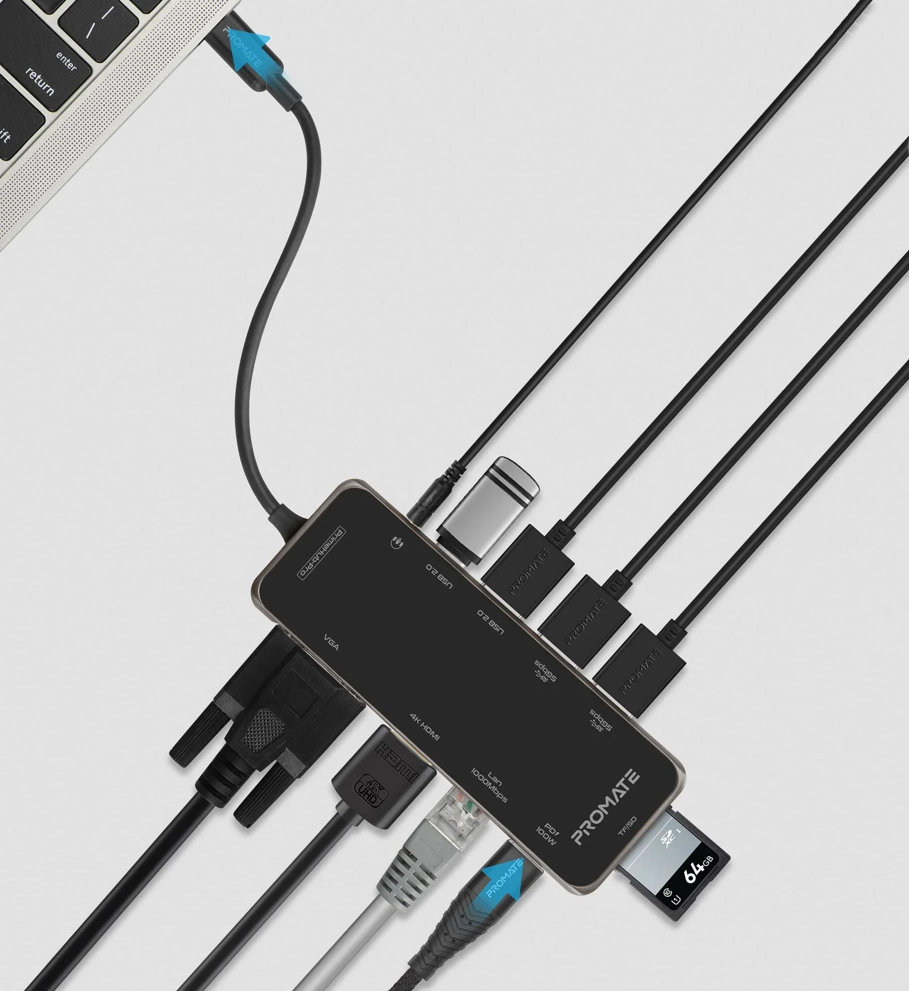 PROMATE 11-in-1 USB Multi-Port Hub with USB-C Connector. Includes 100W ...