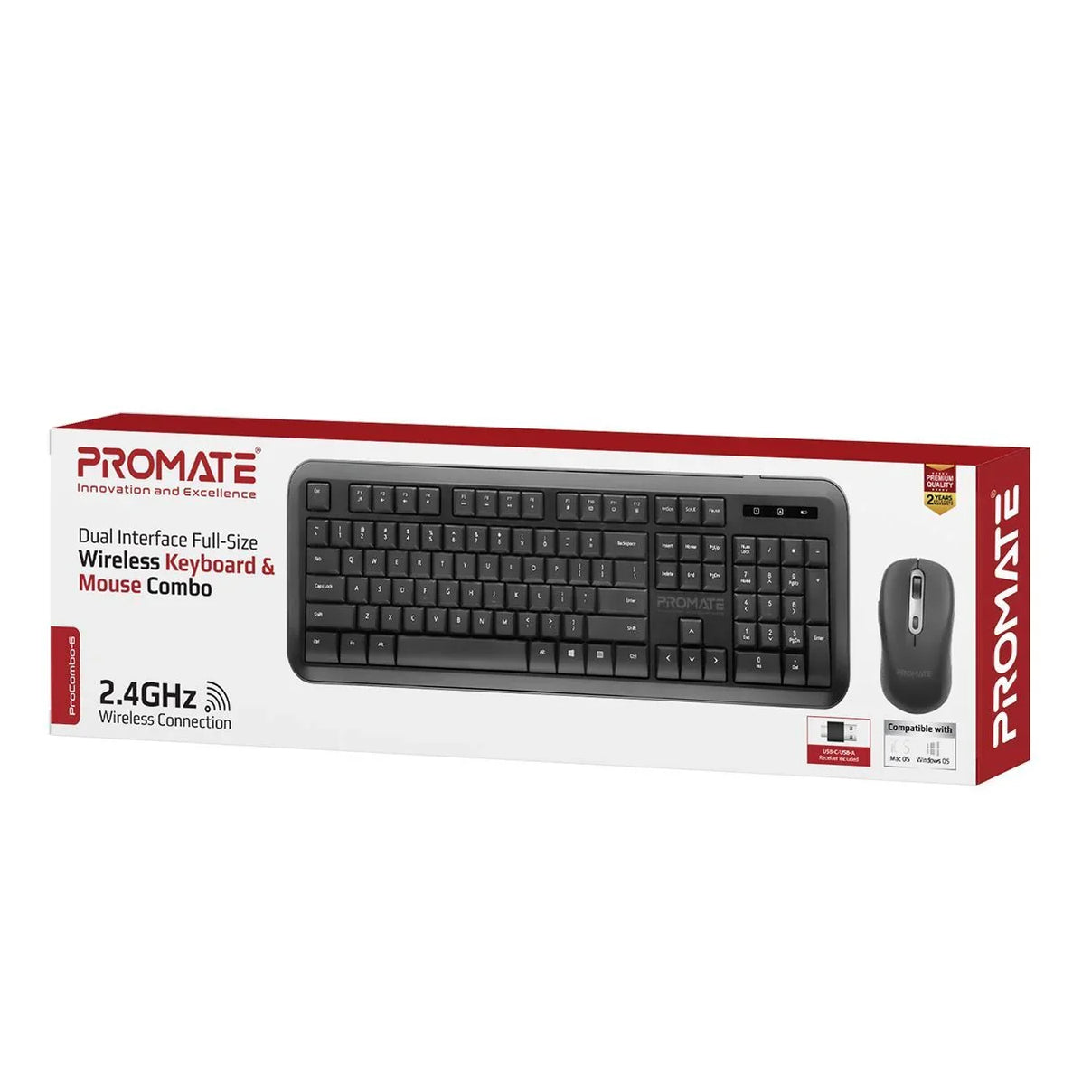 PROMATE Full Size Wireless Keyboard & Mouse Combo with Dual USB-A/C Do ...